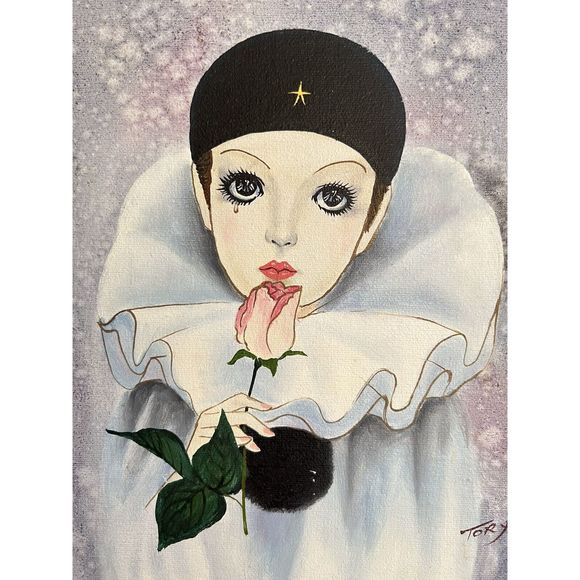 Art | Vintage Original Painting Sad Pierrot Crying Clown With Rose ...